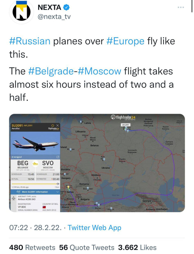 Objavljena MAPA – evo kako se kreću RUSKI avioni po Evropi: Let Beograd ...